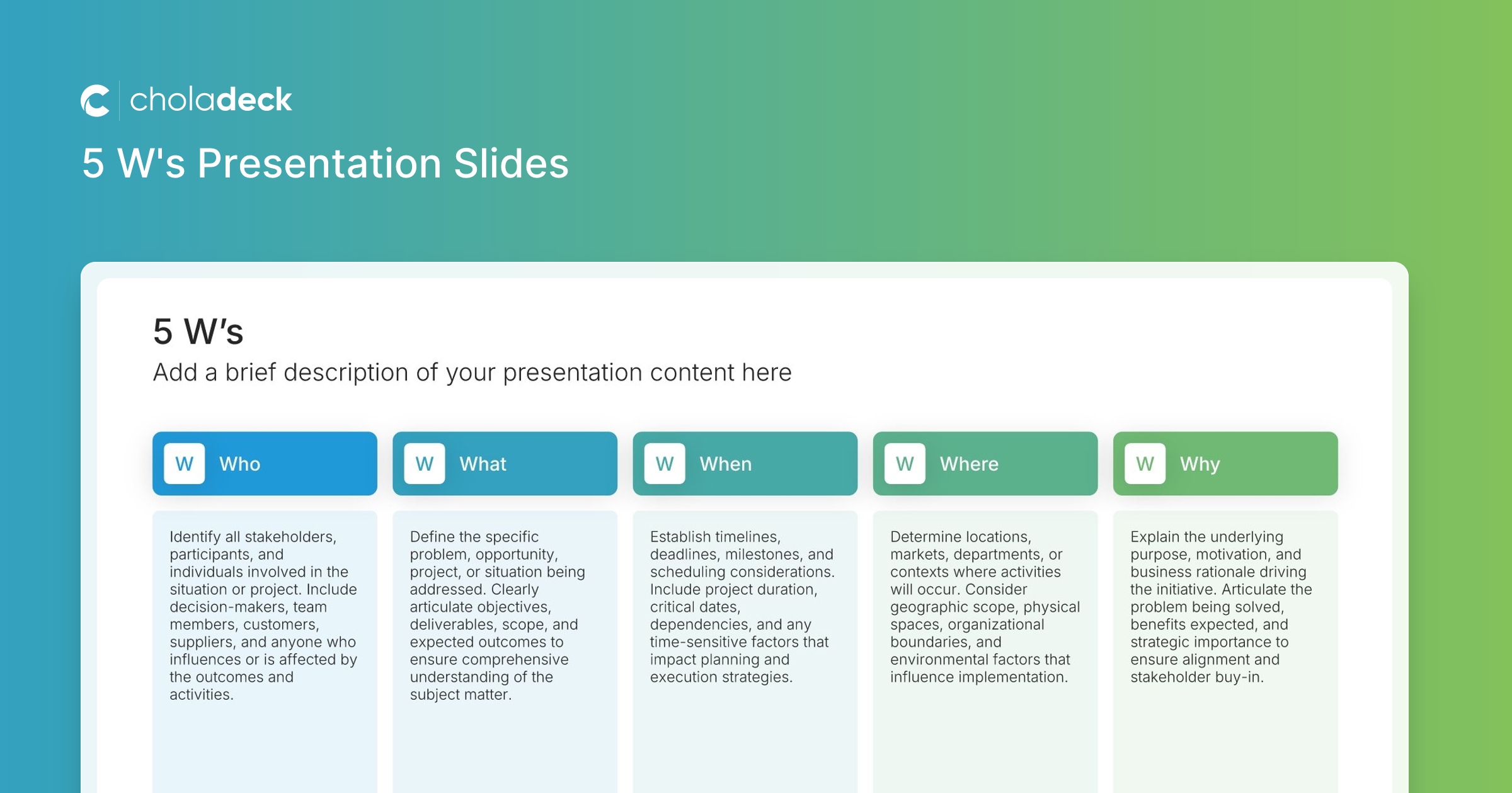 5 W's Slides: Answer Who, What, When, Where, and Why
